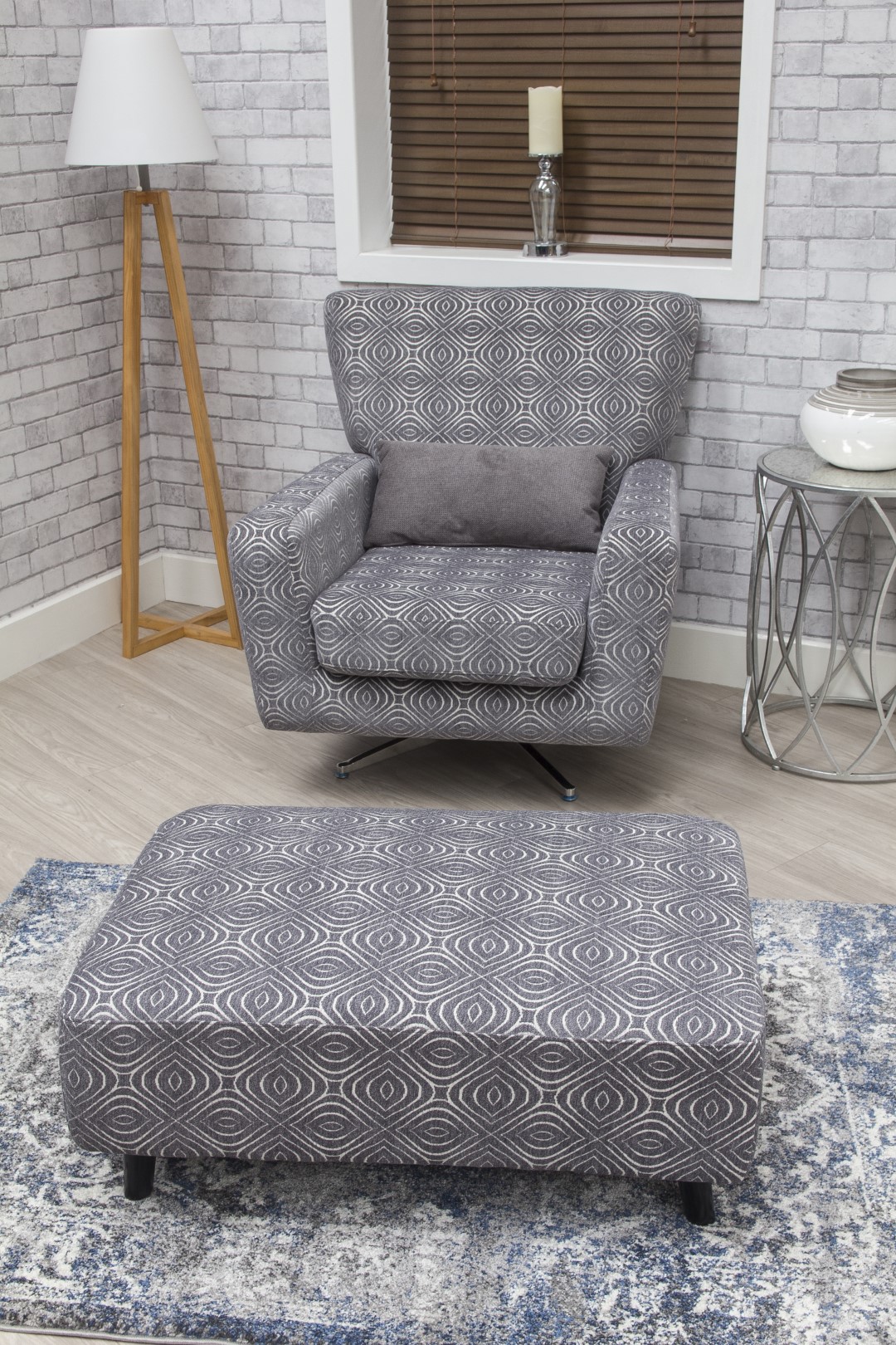 Sofahouse - Poppy Swivel Chair Footstool & Cushions - Grey